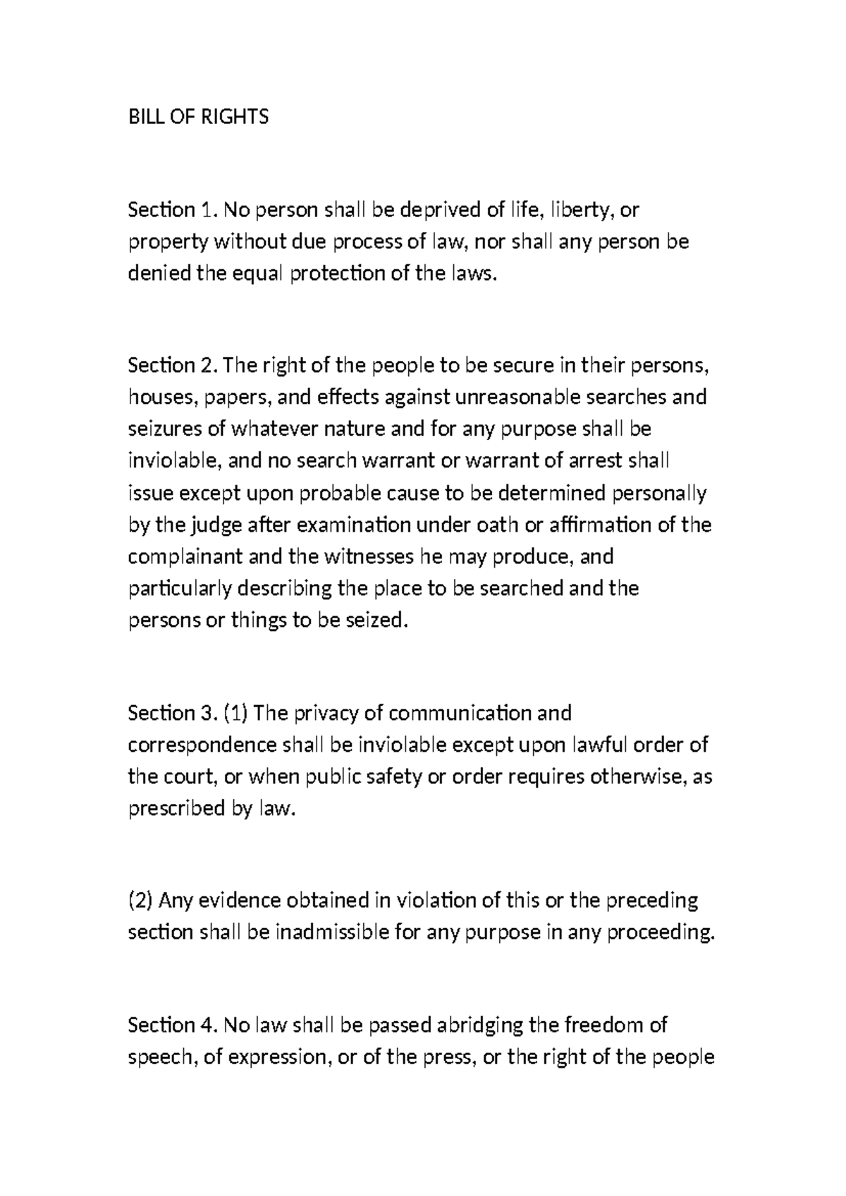 BILL-OF- Rights - Lecture - BILL OF RIGHTS Section 1. No person shall be deprived of life ...