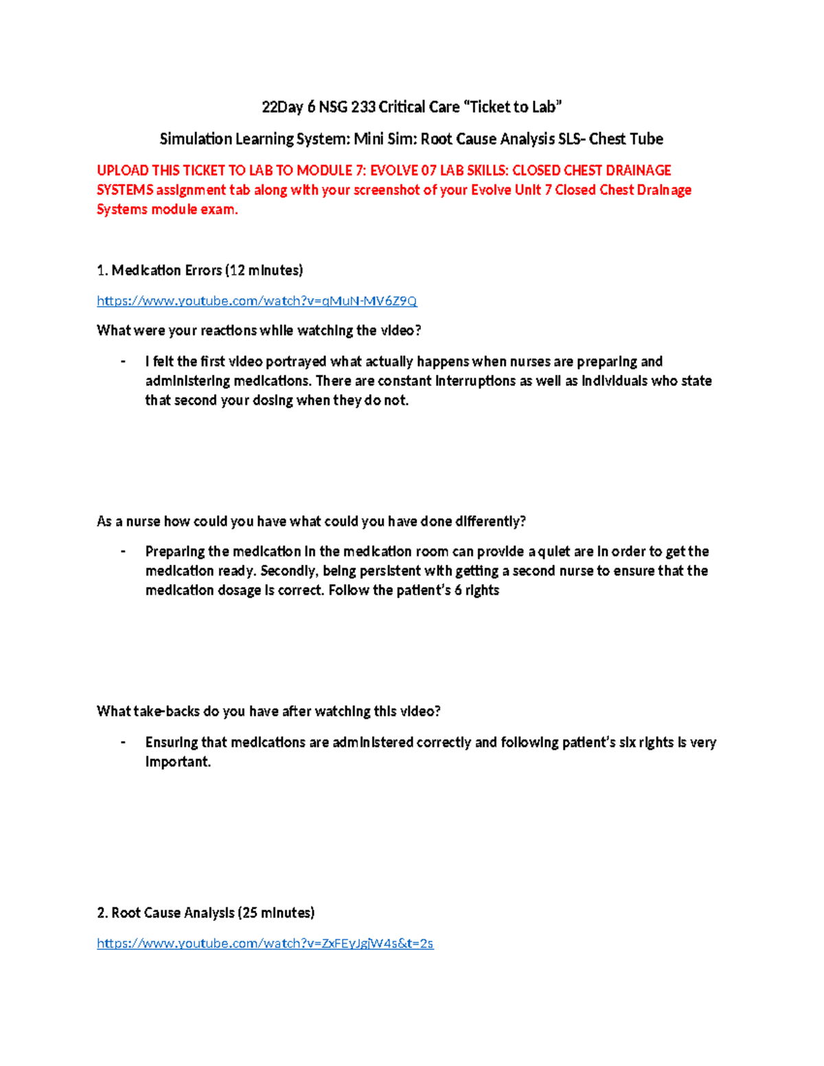 Lab information - 22Day 6 NSG 233 Critical Care “Ticket to Lab ...