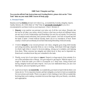Task 2 - Task 2 - D082 Task 2 A. Personal Values Integrity is one of the most important core ...