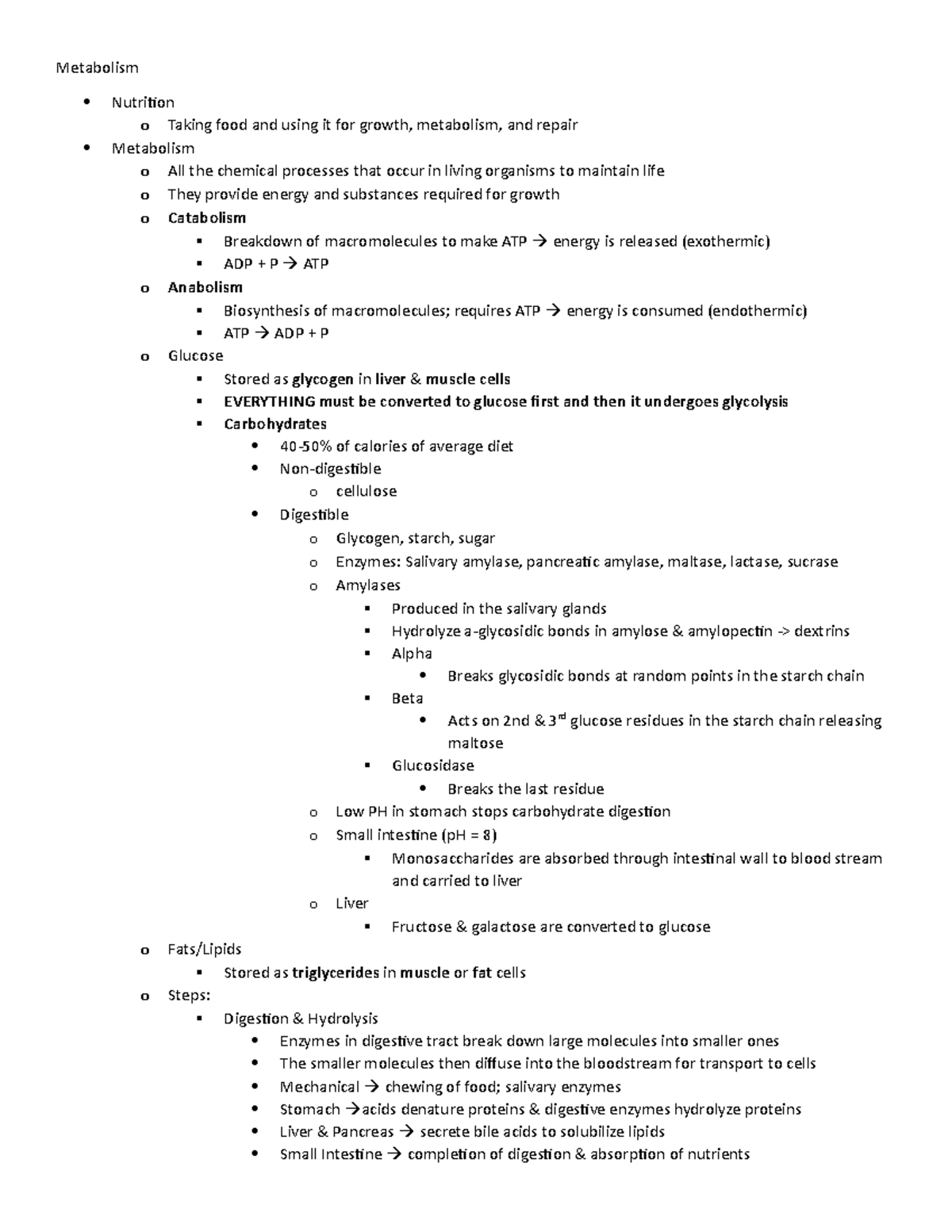 Metabolism - notes - Metabolism Nutrition o Taking food and using it ...