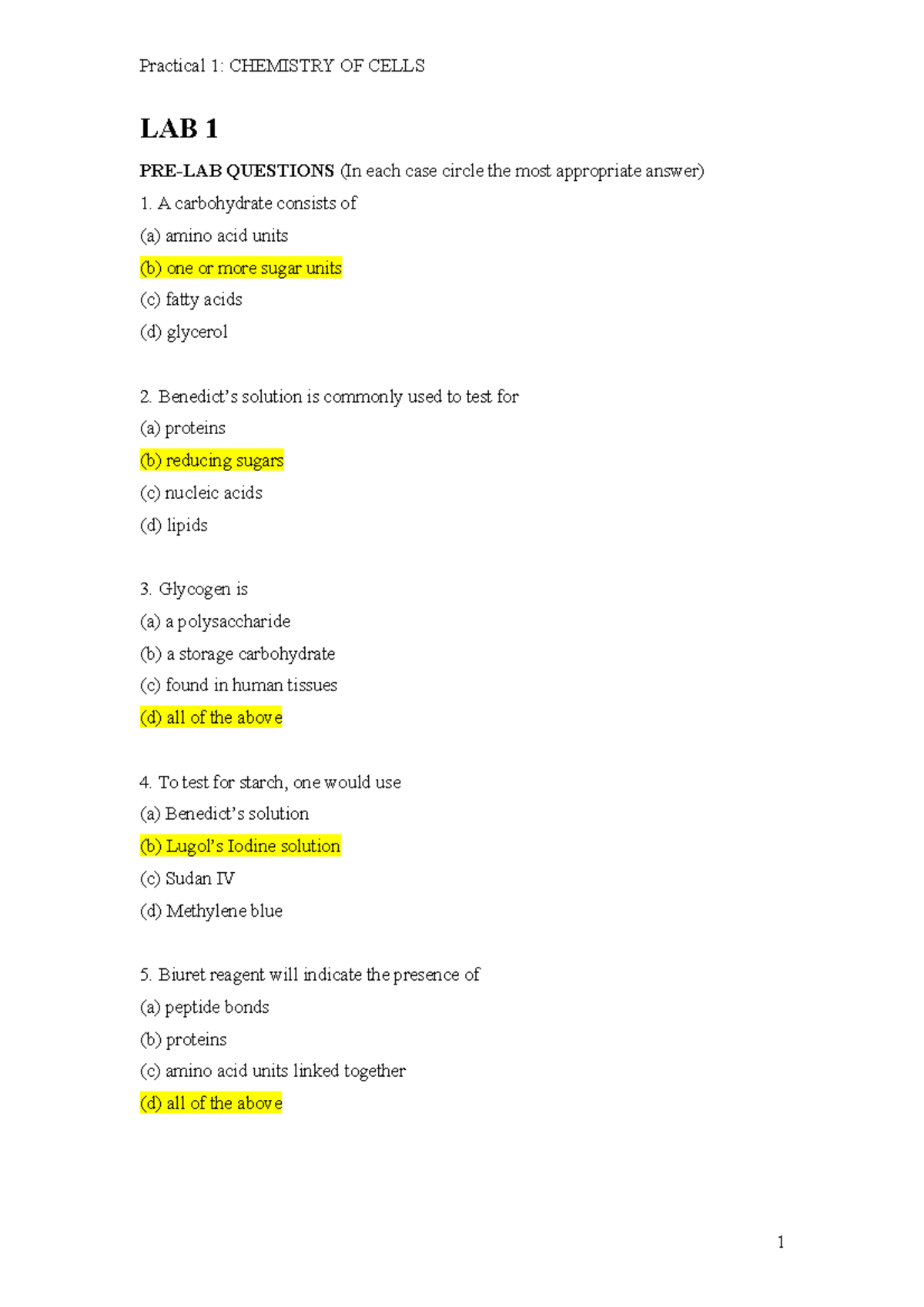 Practical 1 Chemistry of Cells Student version - LAB 1 PRE-LAB ...