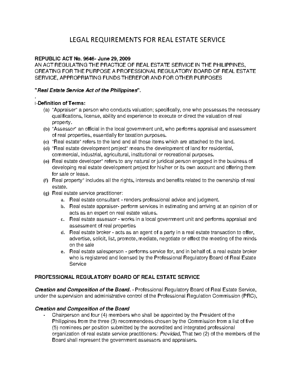 Oliverio, Randy Legal Requirements - LEGAL REQUIREMENTS FOR REAL ESTATE SERVICE REPUBLIC ACT No ...