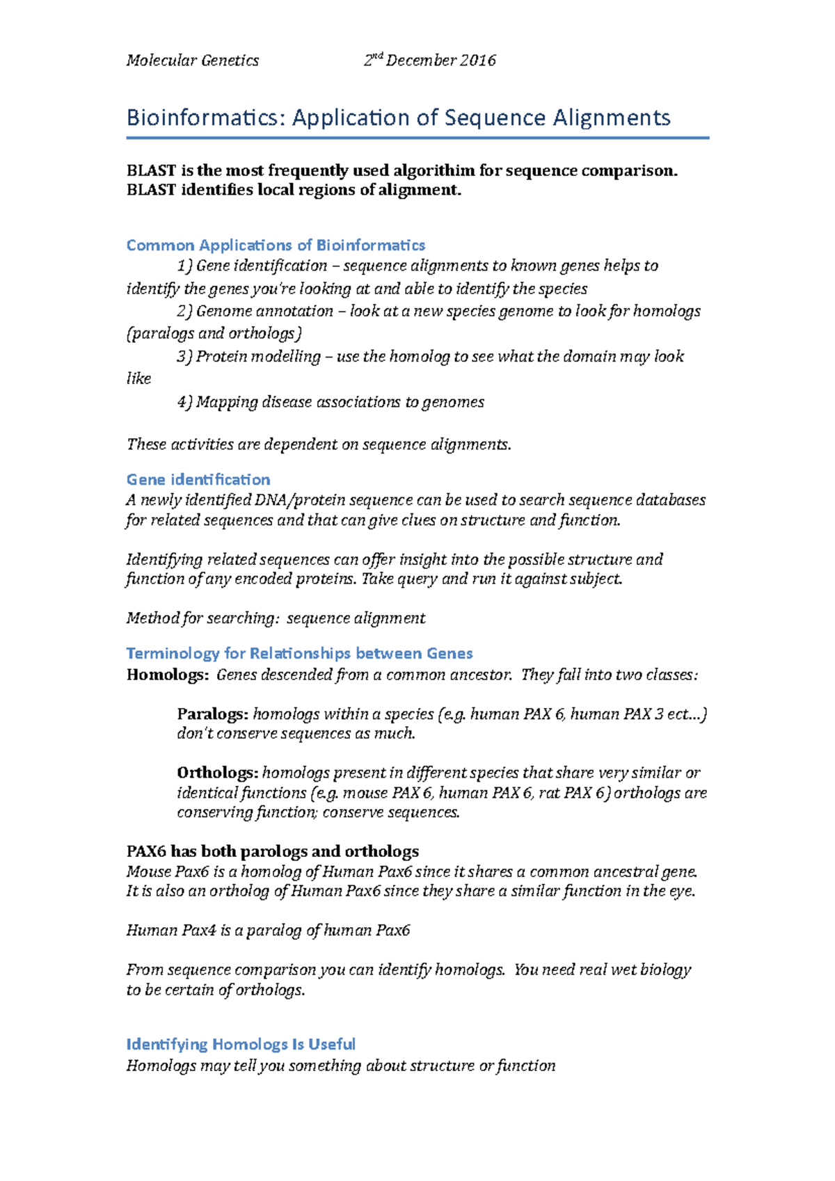 Molecular genetics Bioinformatics- Application of Sequence Alignments ...