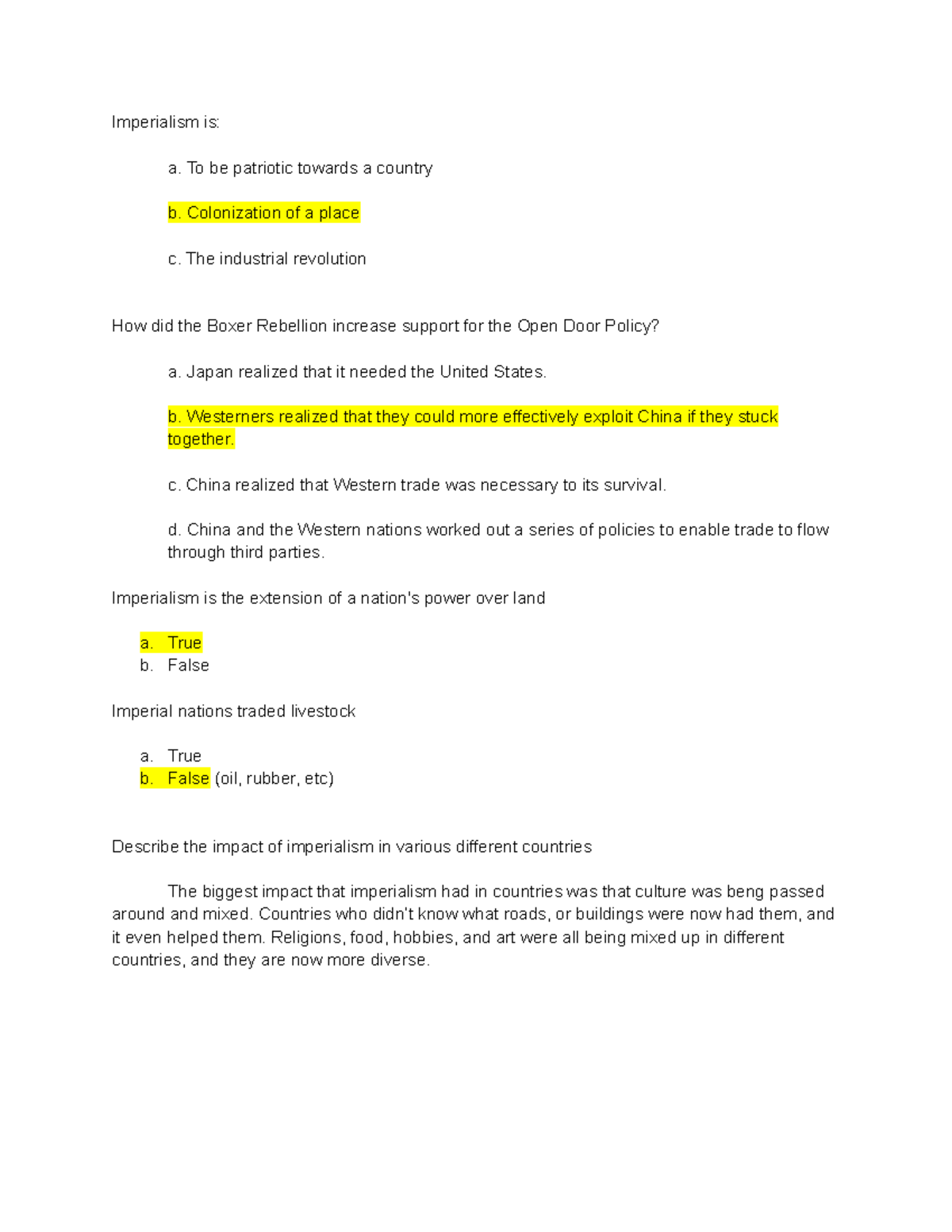 Ch.12 Imperialism Test Questions - Imperialism is: a. To be patriotic ...