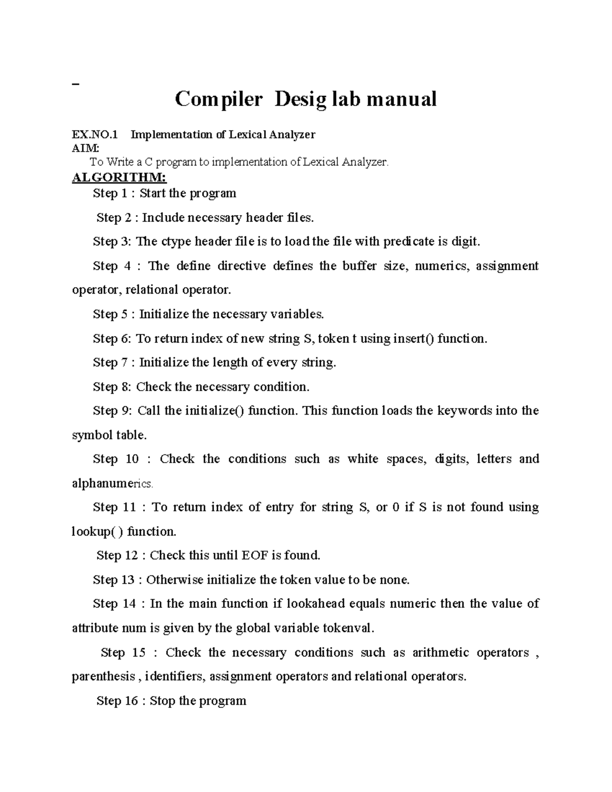 CD LAB-Experiments updated - Compiler Desig lab manual EX.NO Implementation of Lexical Analyzer ...