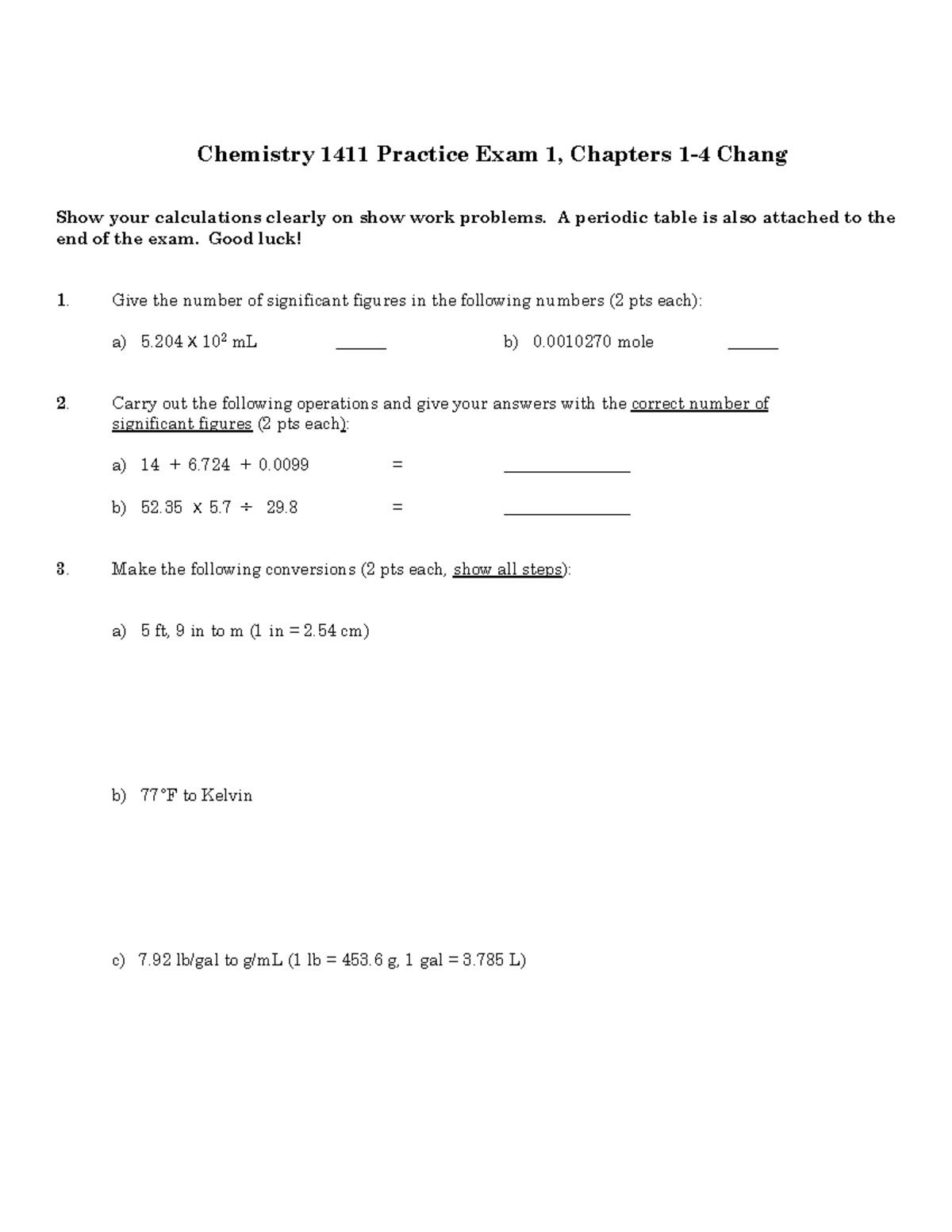 1411 Practice Exam 1 chemistry Chapter 1-4 - Chemistry 1411 Practice ...