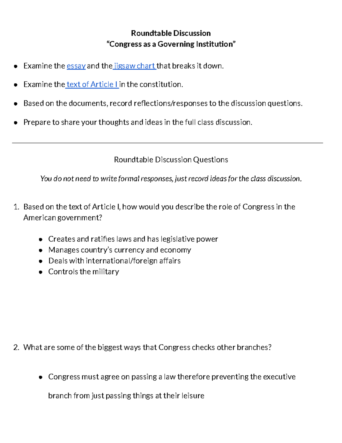 Roundtable Discussion - Congress as a Governing Institution ...