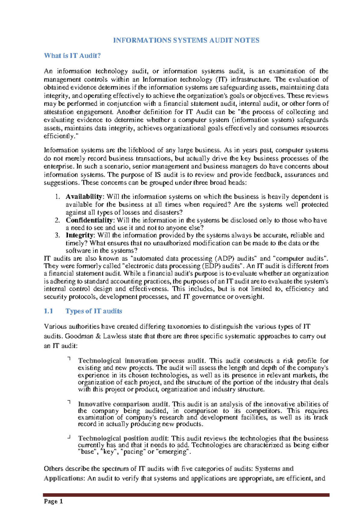 Informations Systems Audit Notes - INFORMATIONS SYSTEMS AUDIT NOTES ...