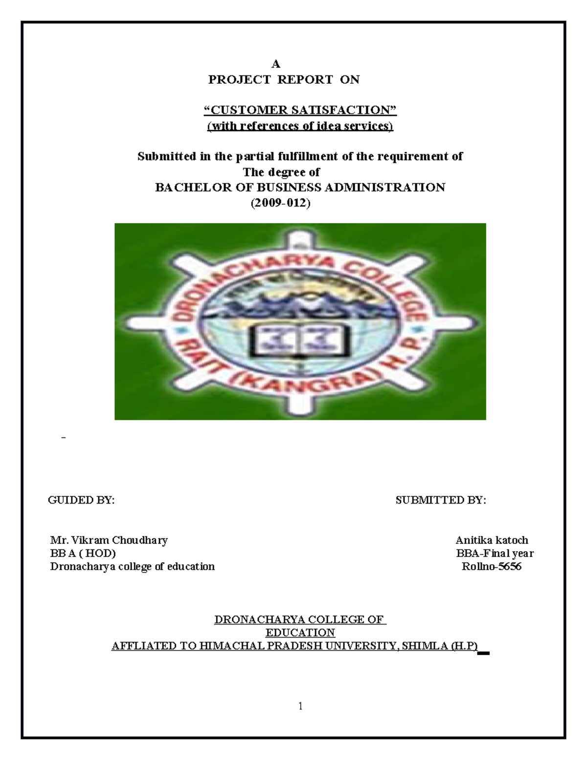 Pdfcoffee - Good - A PROJECT REPORT ON “CUSTOMER SATISFACTION” (with references of idea services ...