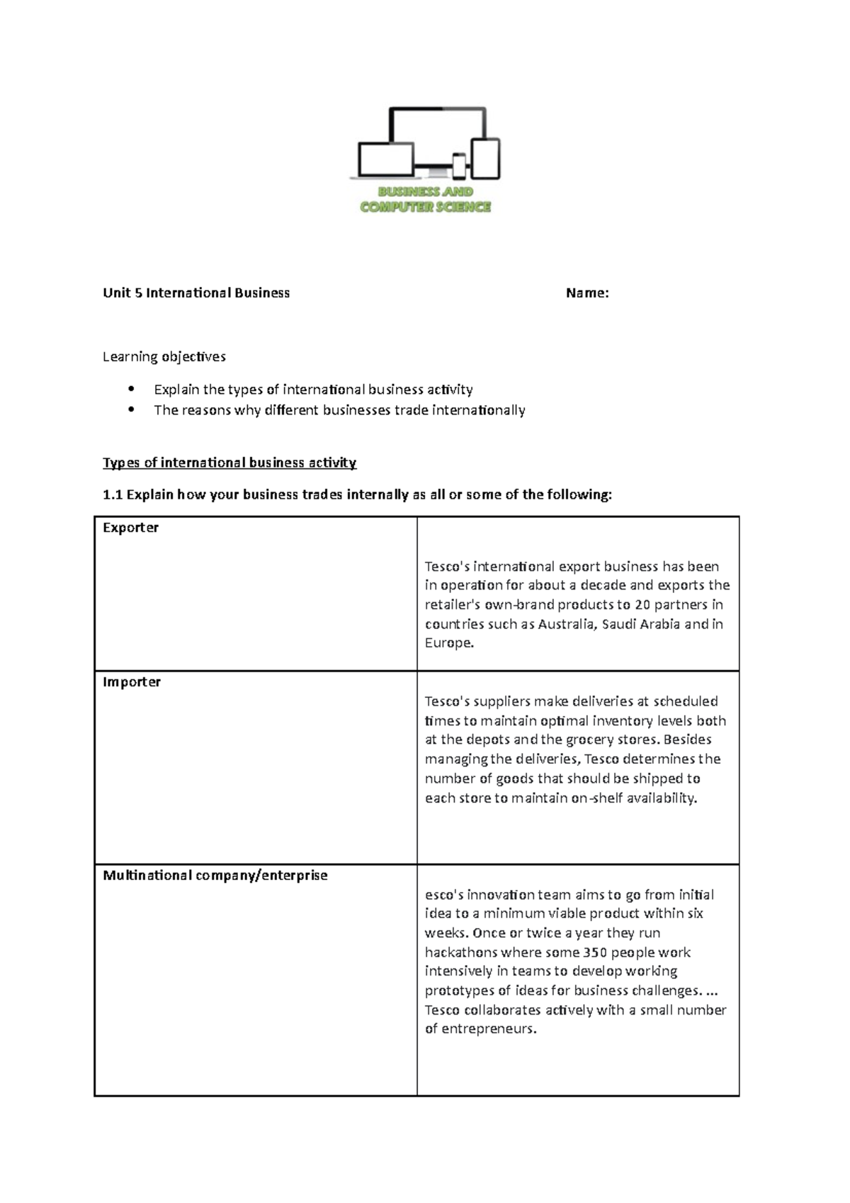 Unit 5 International Business assignment 1 AB - Unit 5 International ...