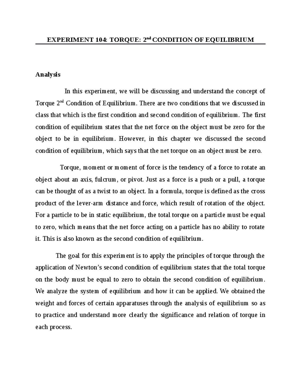 torque 2nd condition of equilibrium - EXPERIMENT 104: TORQUE: 2nd CONDITION OF EQUILIBRIUM ...