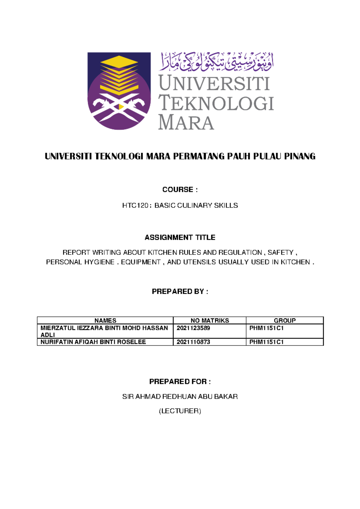 Assignment Group HTC120 ( Mierzatul Iezzara)( Nurifatin Afiqah ...