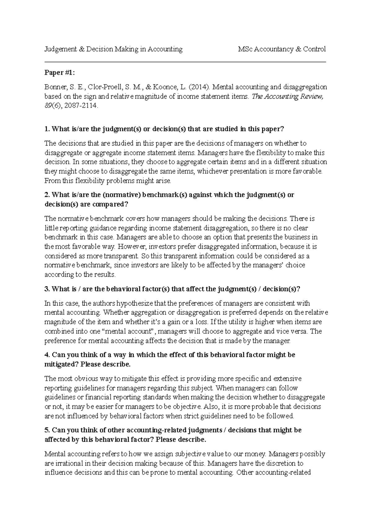 Assignment week 2 (Bonner et al. 2014) - Judgement & Decision Making in ...