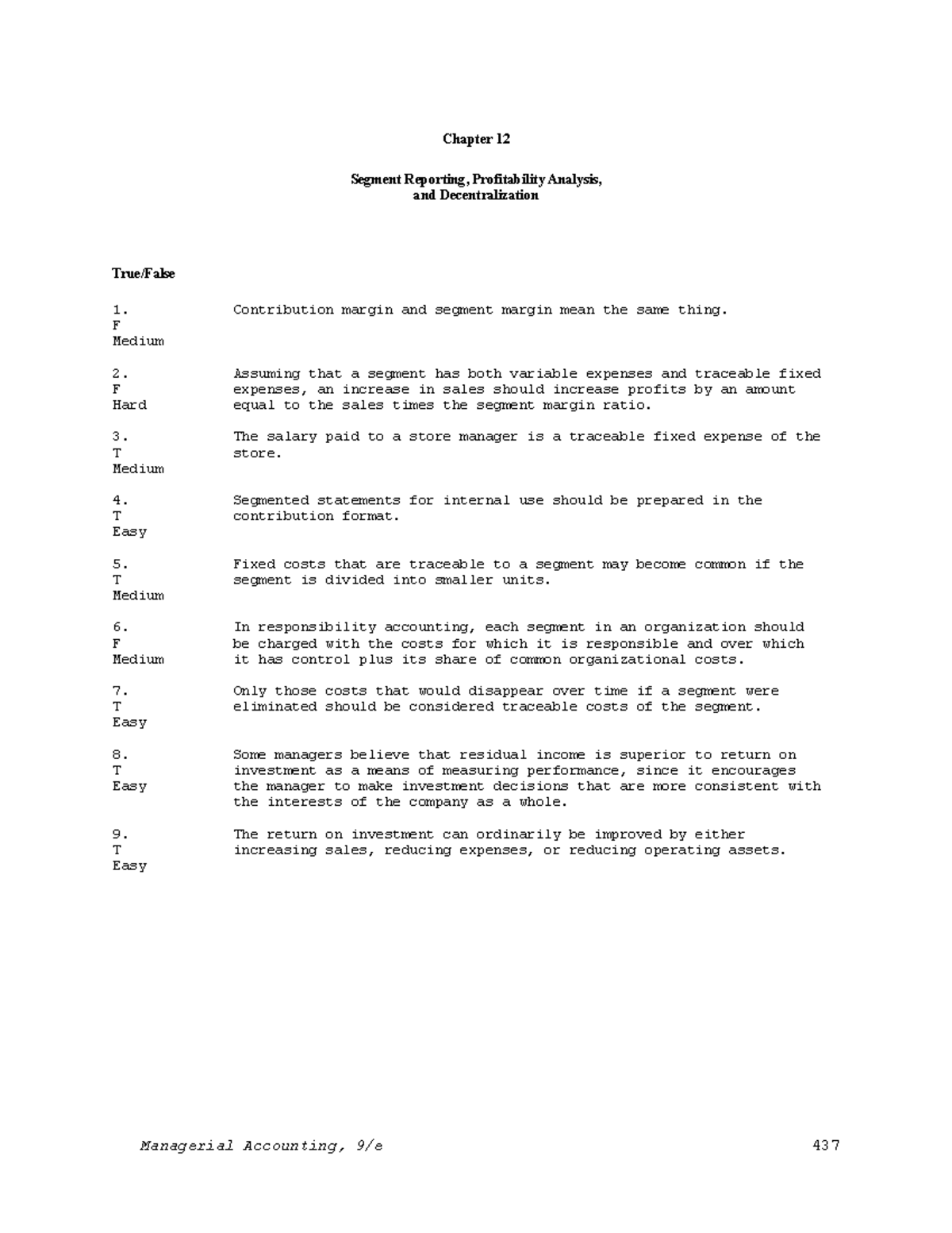 Test Bank - Chapter 12 Segment Reporting - Chapter 12 Segment Reporting ...