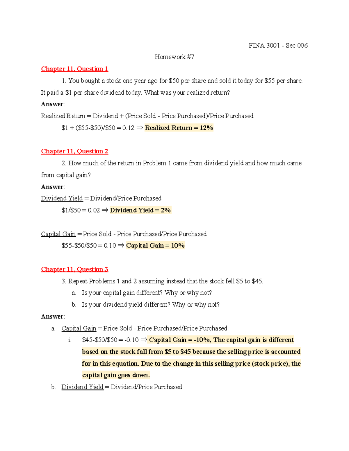 HW #7 FINA 3001 - FINA 3001 - Sec 006 Homework # Chapter 11, Question 1 ...