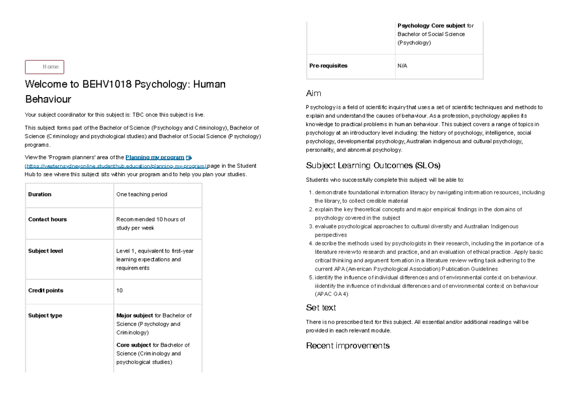 Syllabus for Psychology Human Behaviour - W e lc o m e t o B E H V 1 0 ...