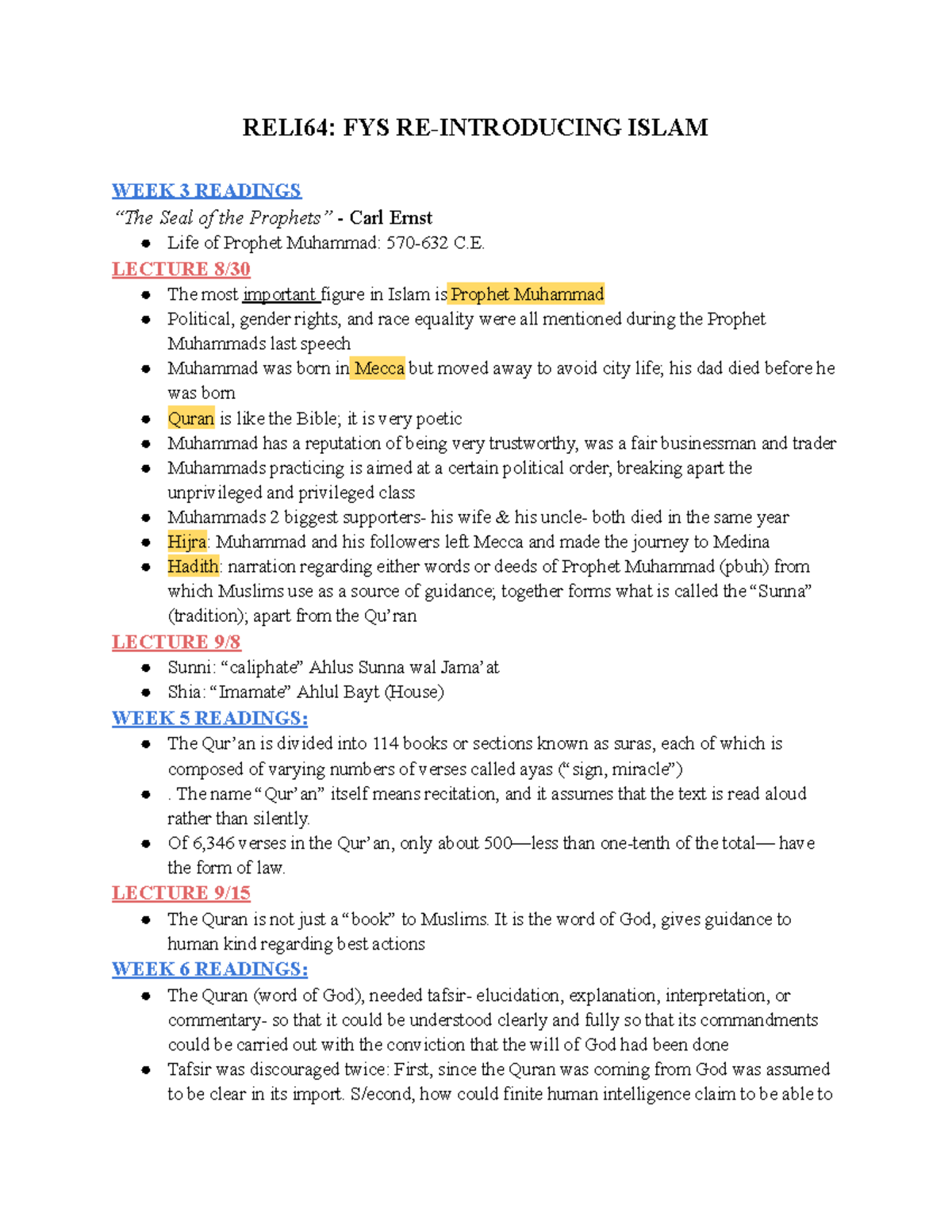 Islam Notes - RELI64: FYS RE-INTRODUCING ISLAM WEEK 3 READINGS “The ...