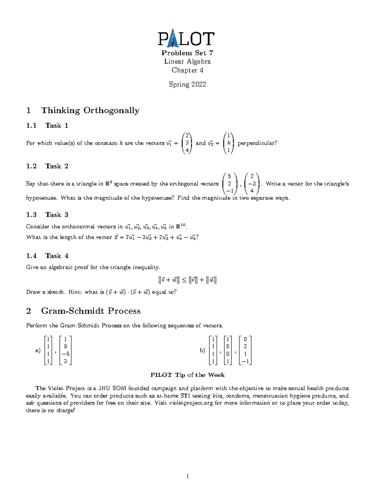 Pilot Problem Set # 7 - Problem Set 7 Linear Algebra Chapter 4 Spring 2022 1 Thinking ...