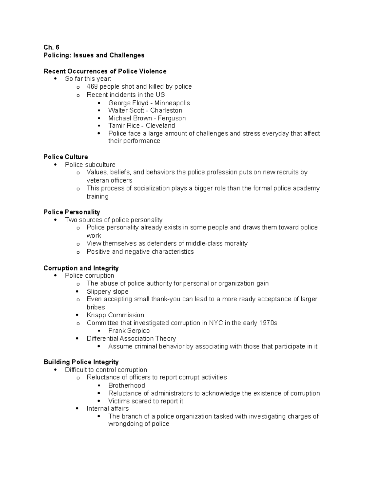 Justice Studies Ch. 6 - Ch. 6 Policing: Issues and Challenges Recent ...