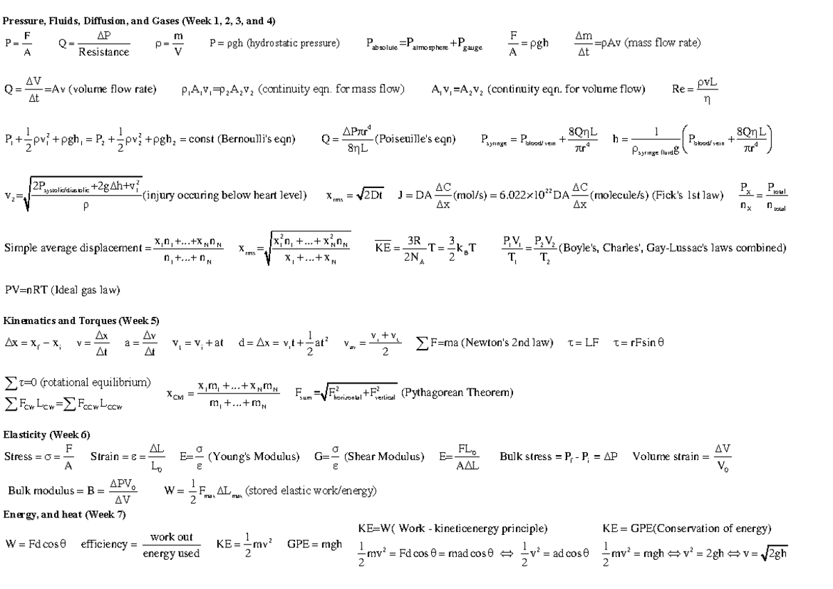 Formula sheet exam - Pressure, Fluids, Diffusion, and Gases (Week 1, 2 ...