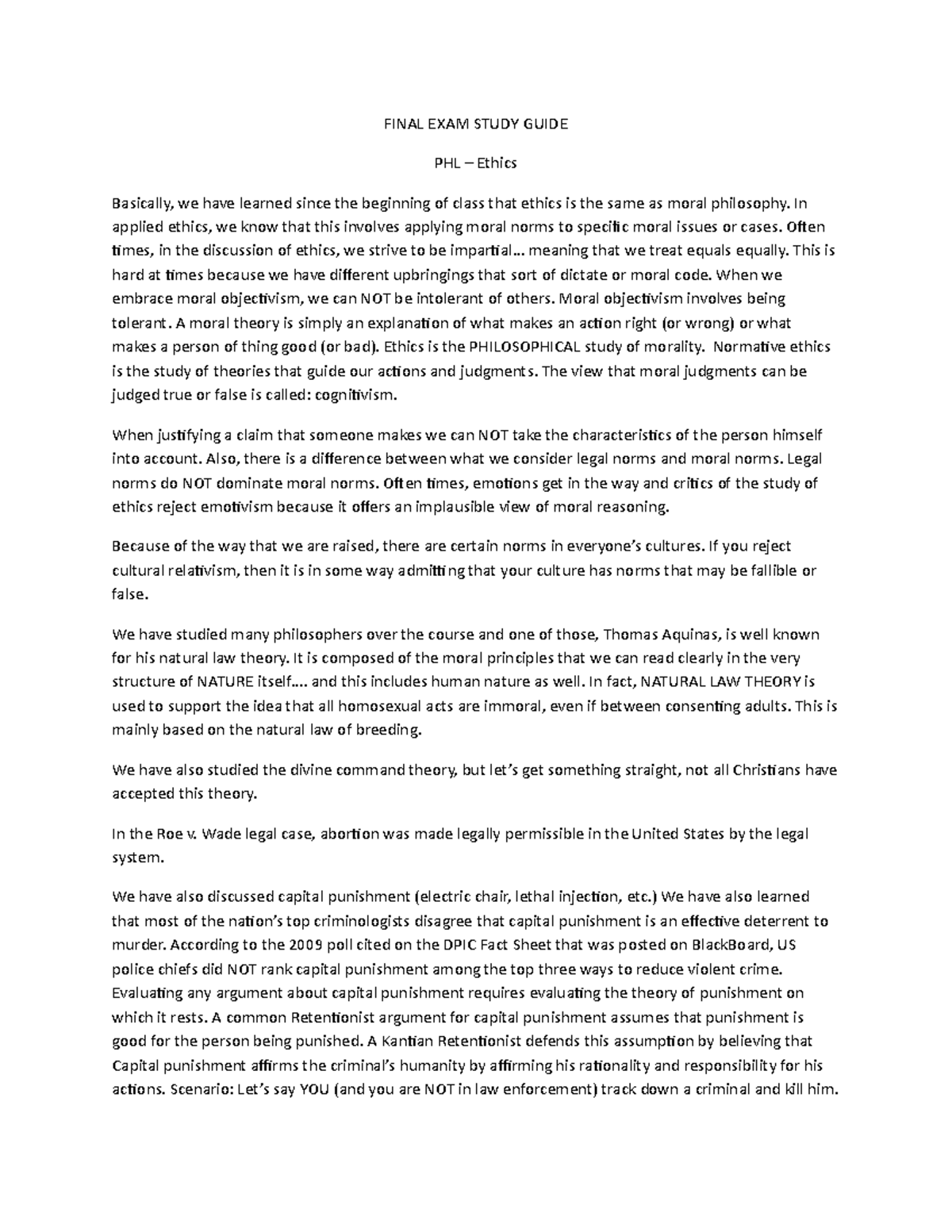 Final EXAM Study Guide PHL 206 Ethics - FINAL EXAM STUDY GUIDE PHL ...