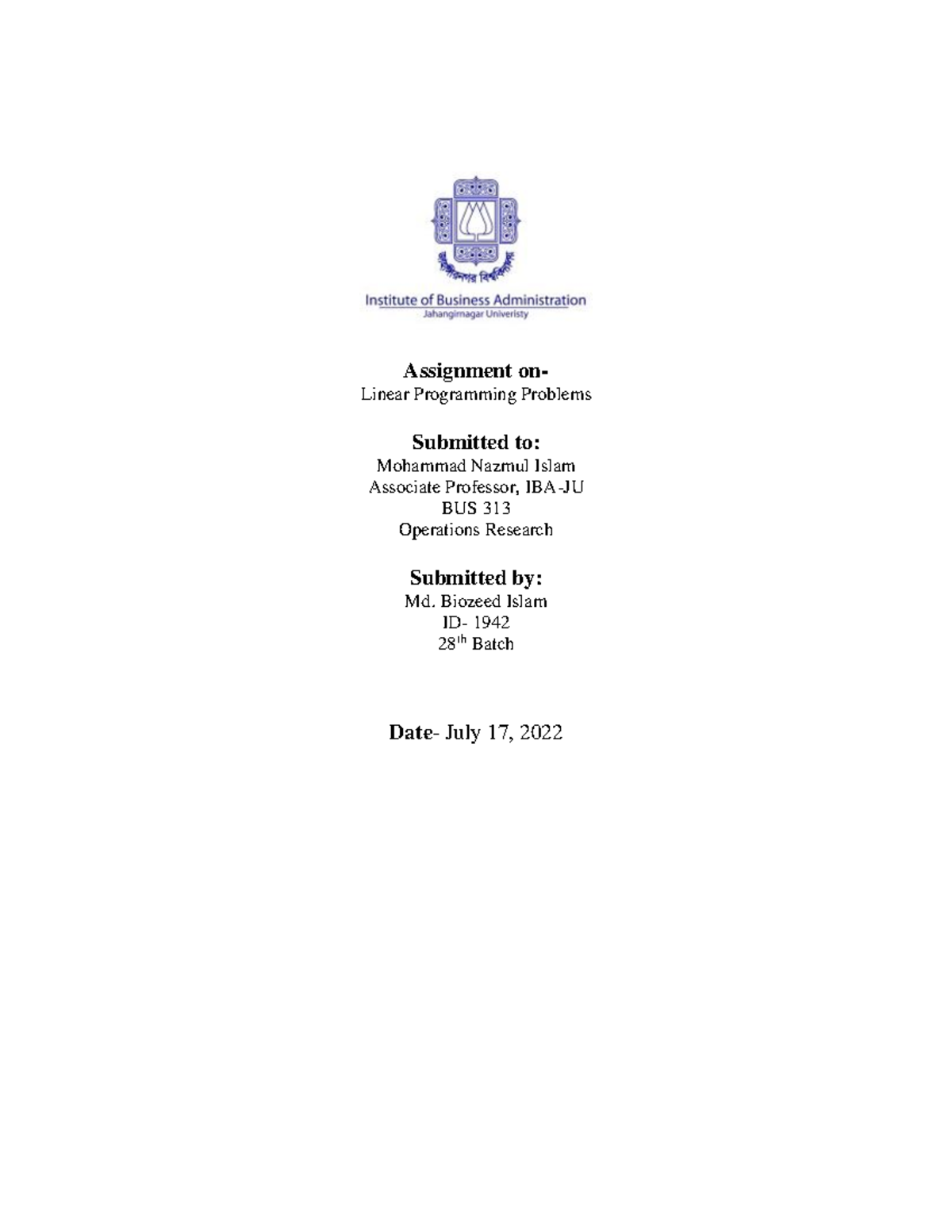 1942 Assignment-2 BUS-313 - Institute of Business Administration Jahangimagar Univeristy ...