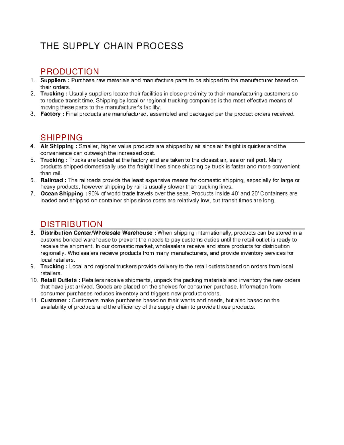 SUPPLY CHAIN example - THE SUPPLY CHAIN PROCESS PRODUCTION Suppliers ...
