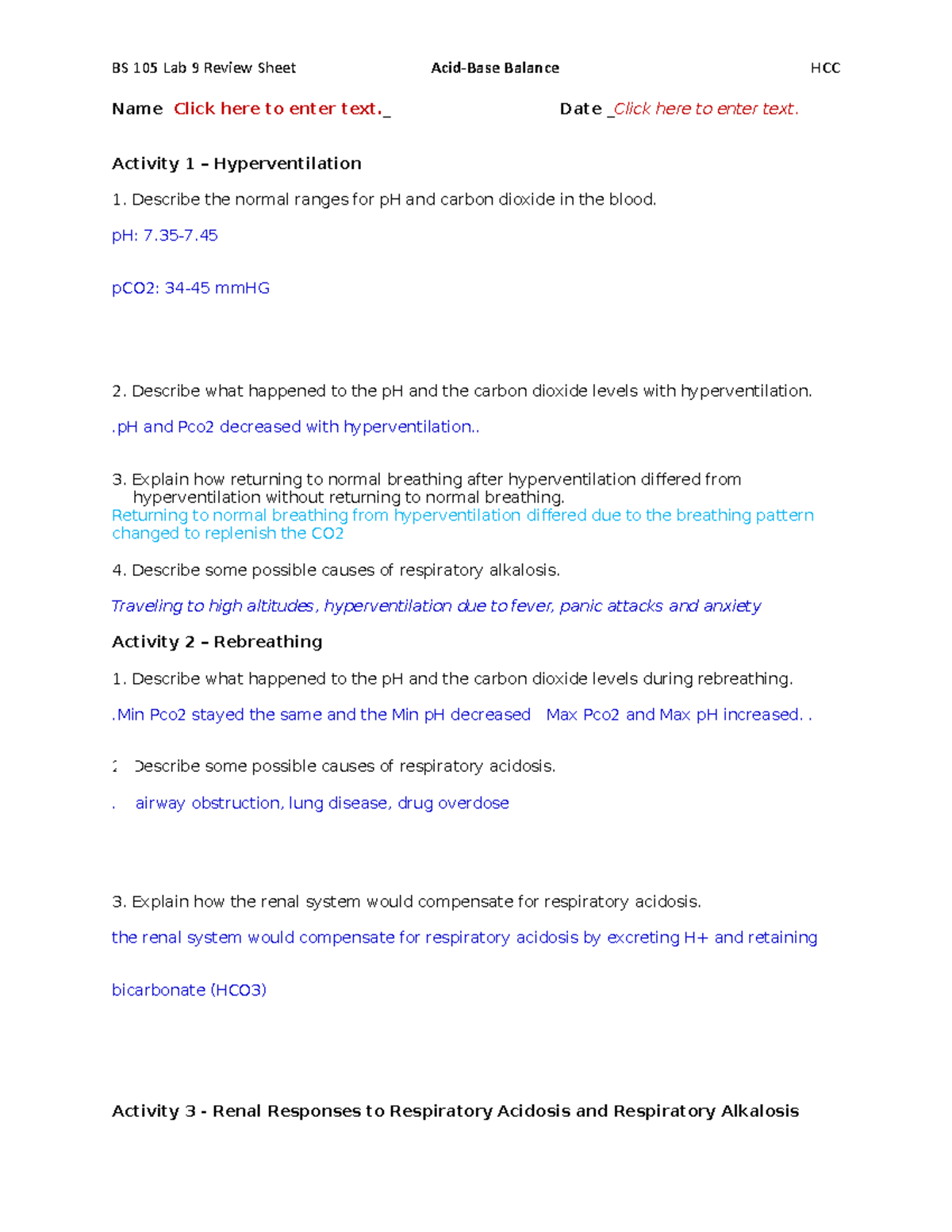 Lab 9 Review Sheet done - BS 105 Lab 9 Review Sheet Acid-Base Balance ...
