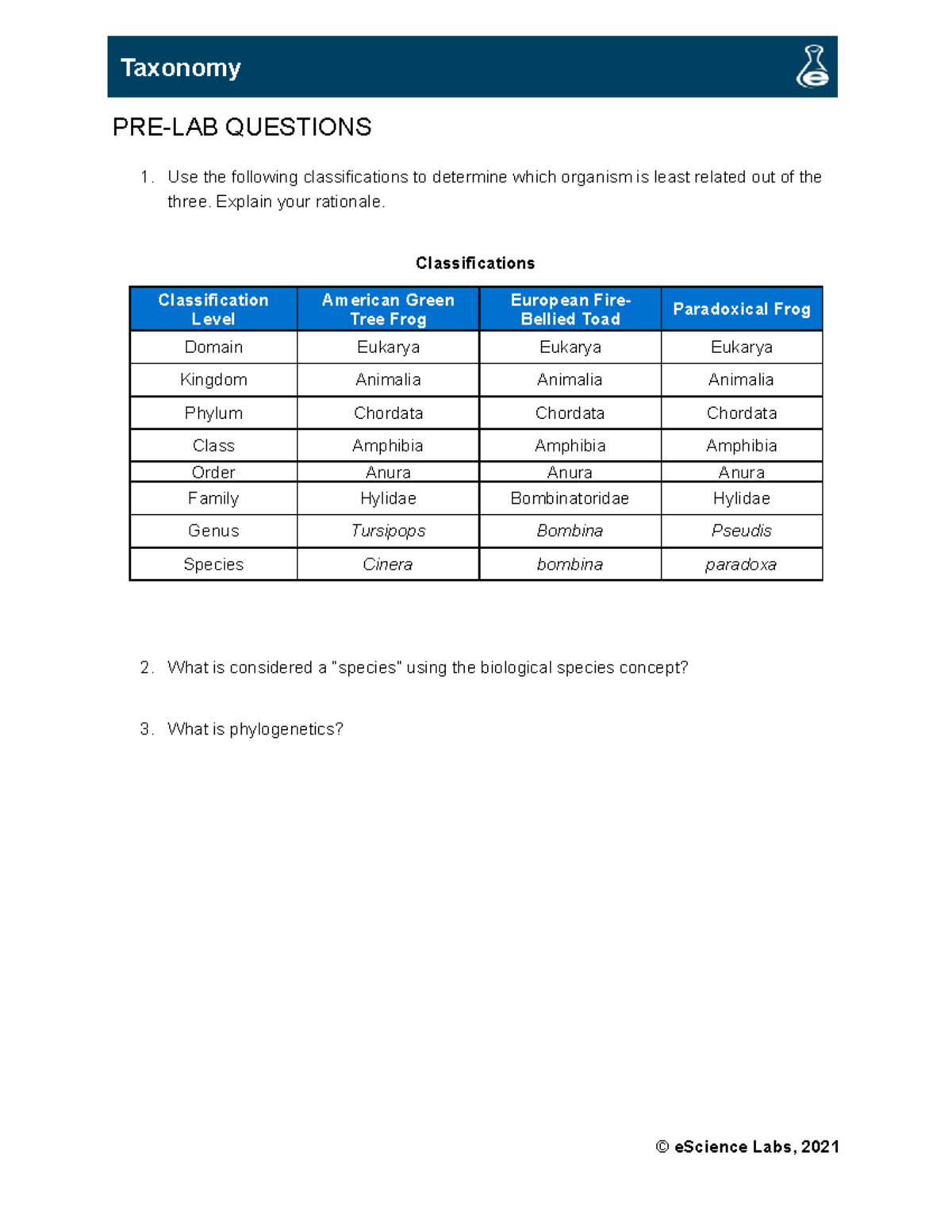 IB 1624 L10 Taxonomy - a taxonmy and bacteria with classifications of domain - PRE-LAB QUESTIONS ...