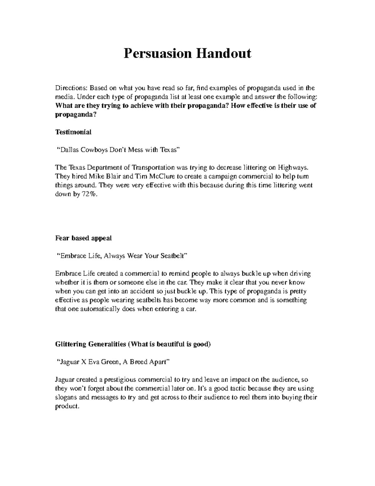 Propaganda and persuasion Handout - Persuasion Handout Directions ...