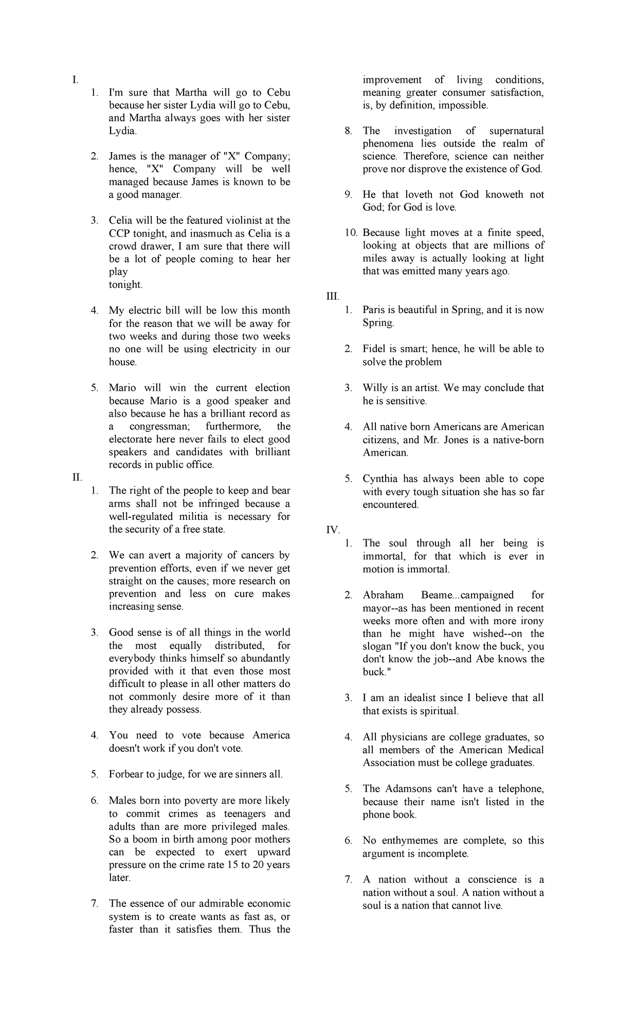 Logic Exercises - I. I'm sure that Martha will go to Cebu because her ...