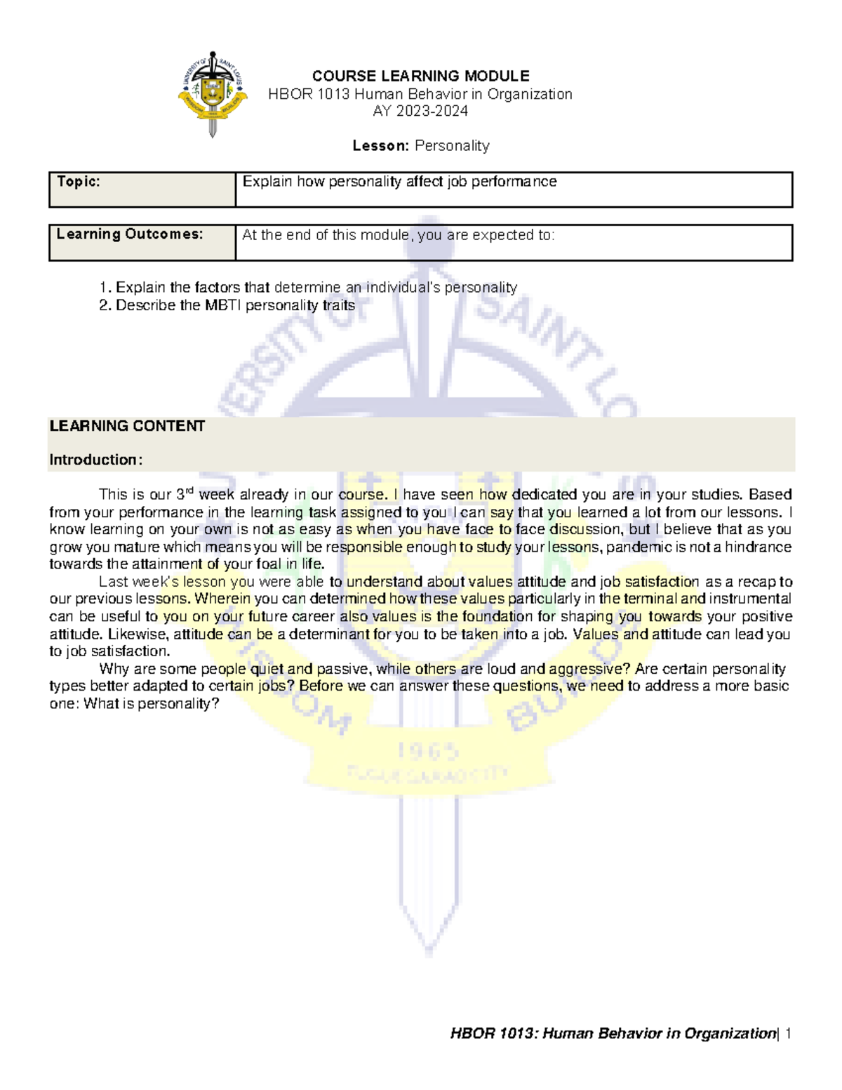 HBOR WEEK 3 - Human Behaviour in Organization Prelims - COURSE LEARNING ...