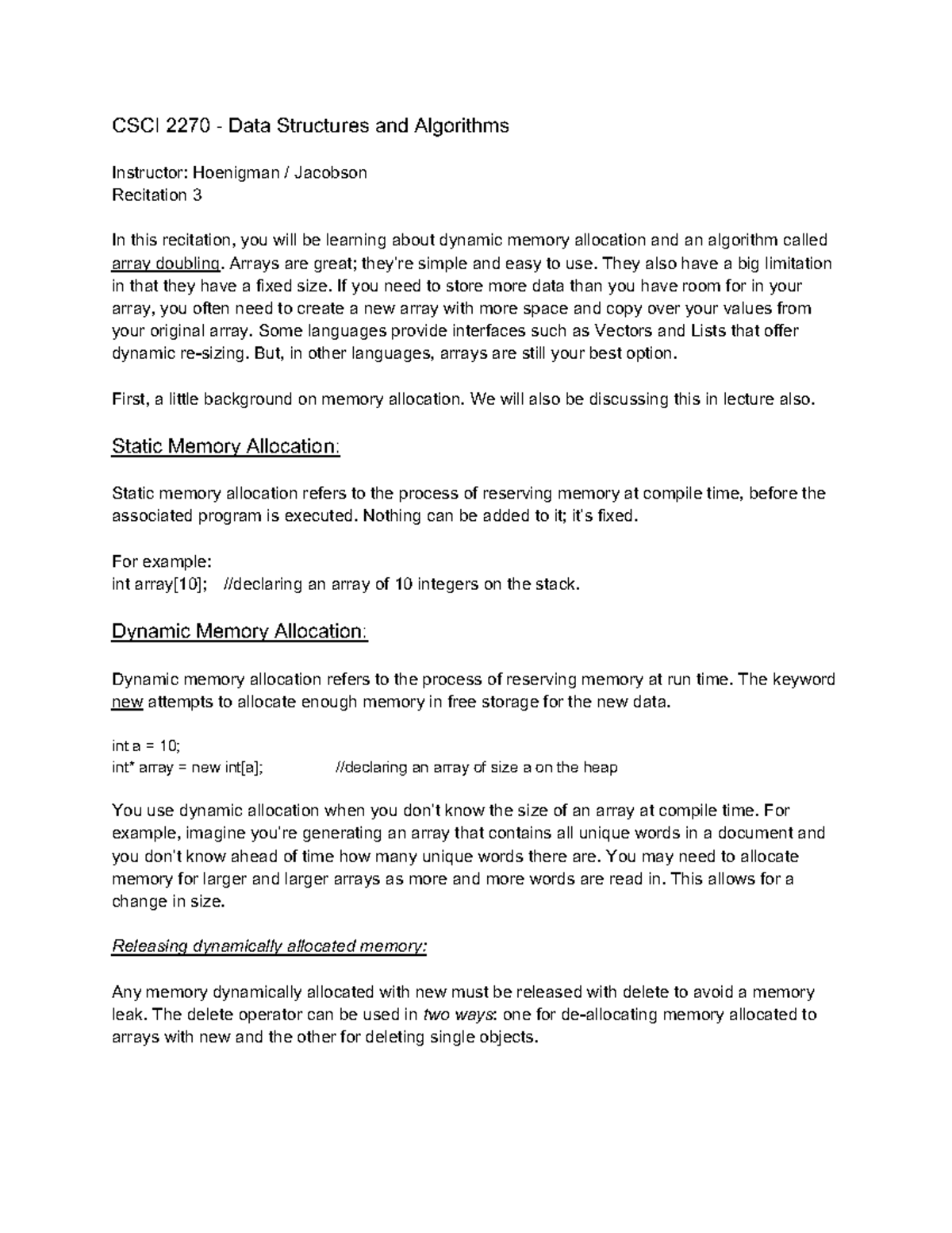 Recitation 3 Writeup - CSCI 2270 - Data Structures and Algorithms Instructor: Hoenigman ...