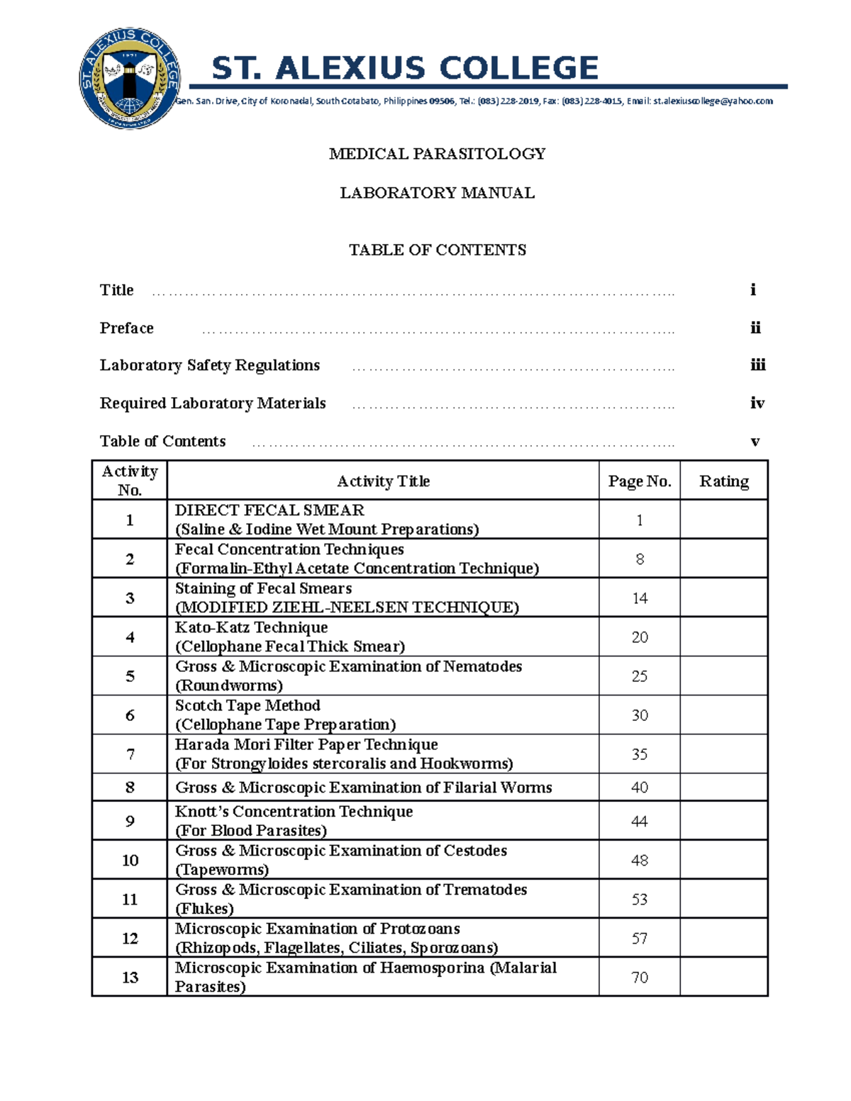 Medical PARA Table OF Contents - ST. ALEXIUS COLLEGE MEDICAL ...
