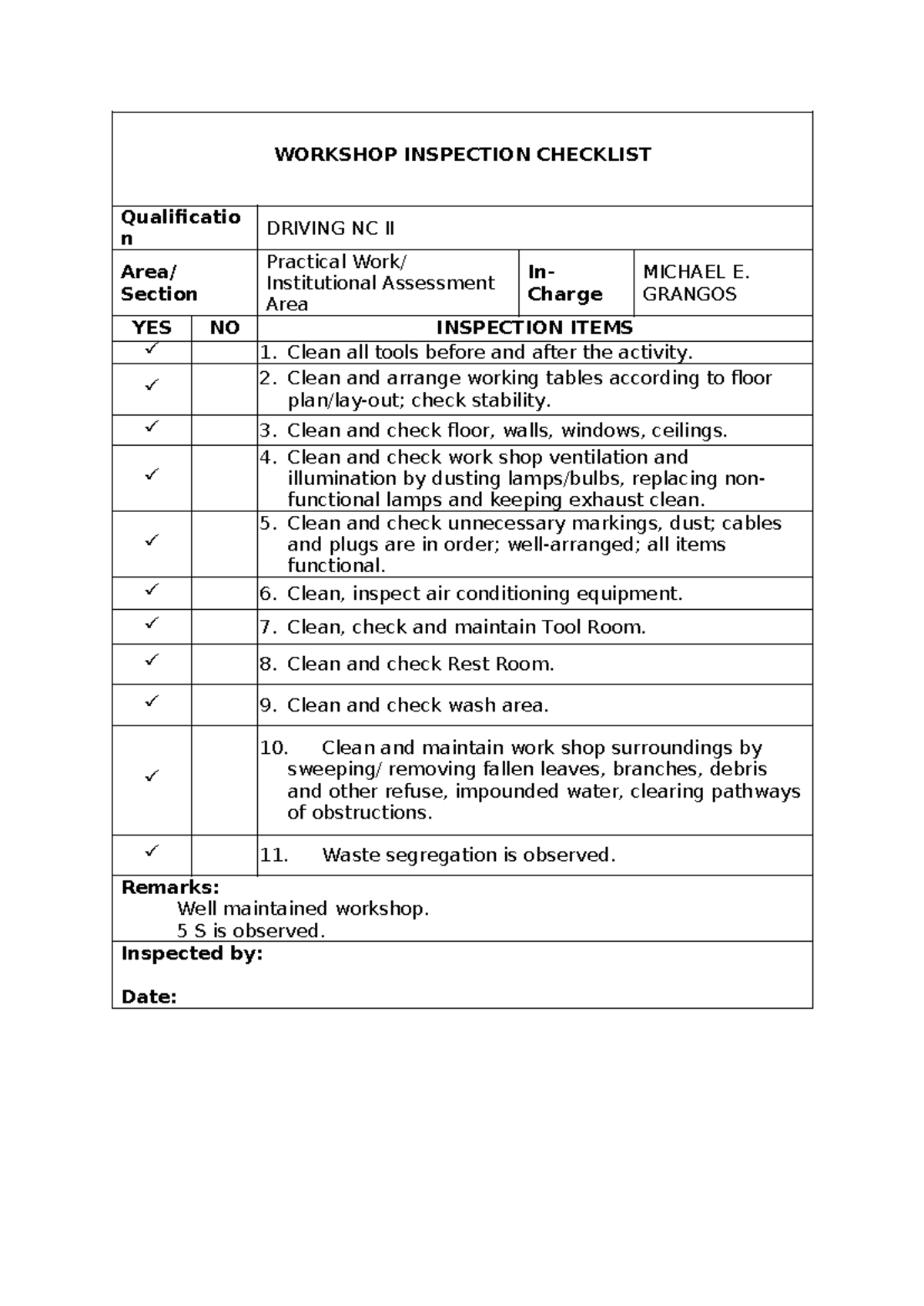 03 Workshop Inspection Checklist - WORKSHOP INSPECTION CHECKLIST ...