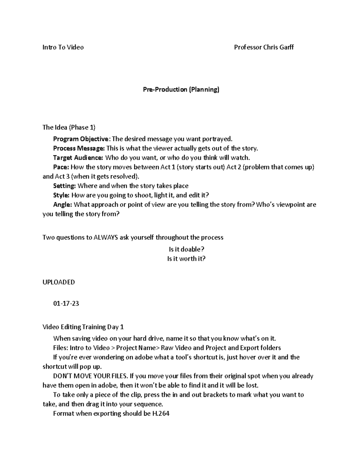 Intro to Video Whole Course Notes - Intro To Video Professor Chris ...