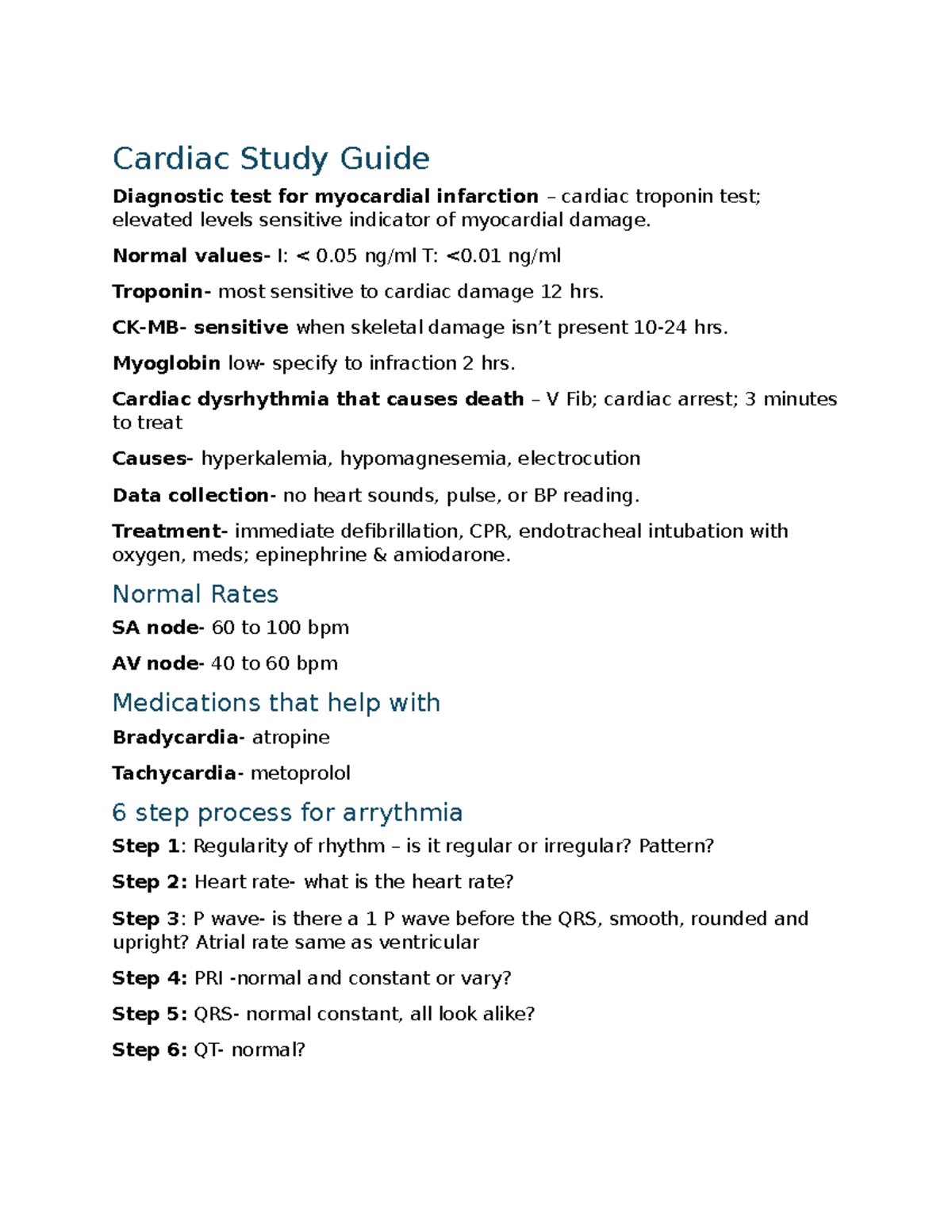 Cardiac study guide - Cardiac Study Guide Diagnostic test for ...
