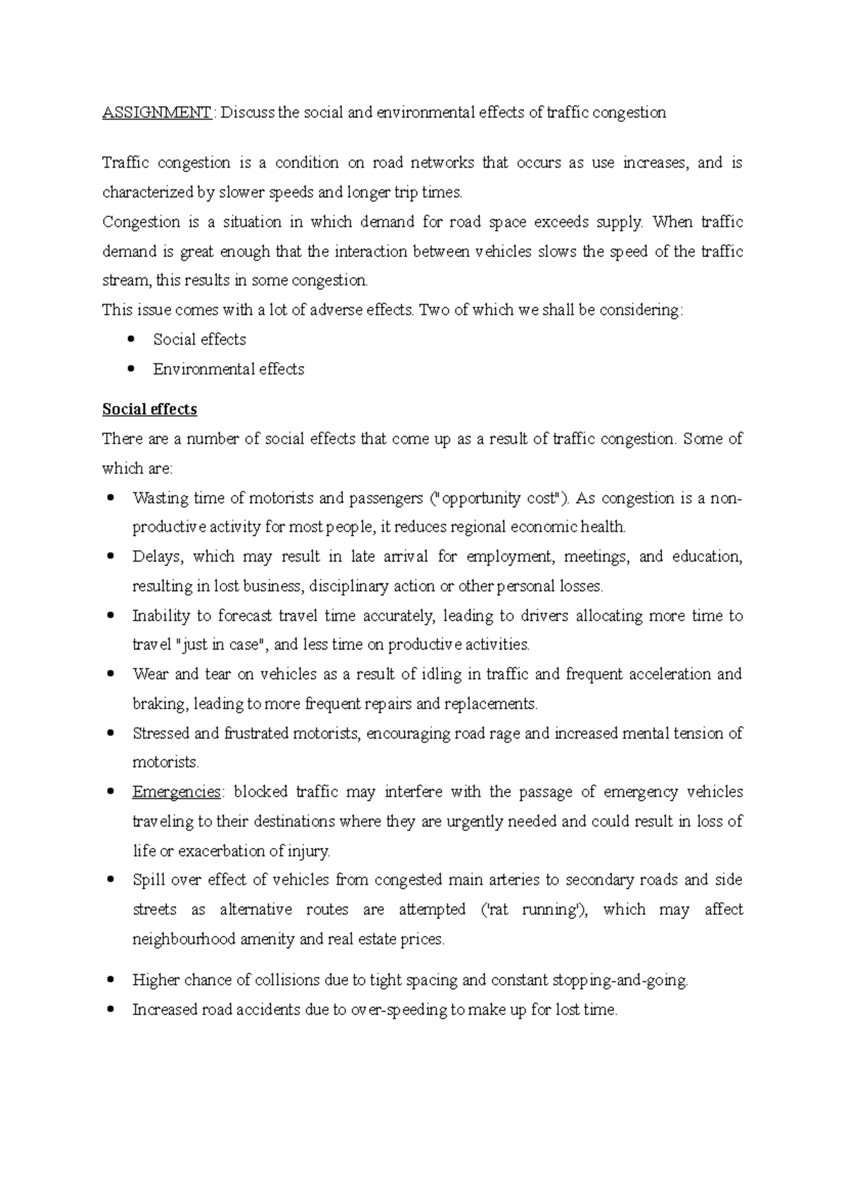 Congestion effects - ASSIGNMENT: Discuss the social and environmental ...