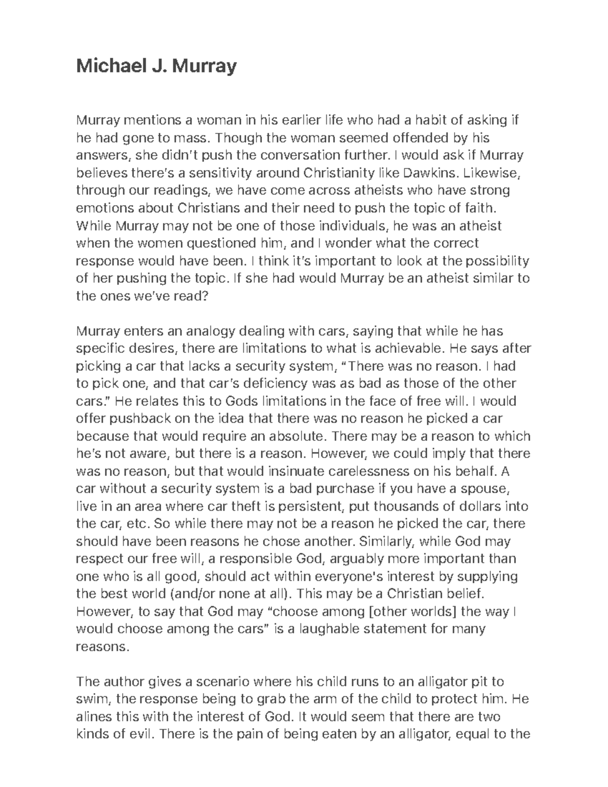 Michael J. Murray - 2-3 Questions stemming from required reading ...