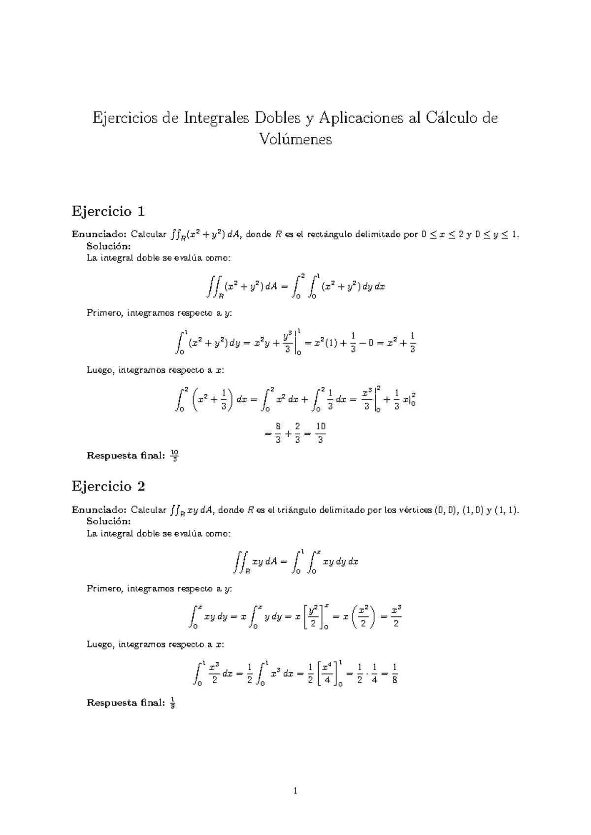 Integrales triples - Ejercicios de Integrales Dobles y Aplicaciones al ...
