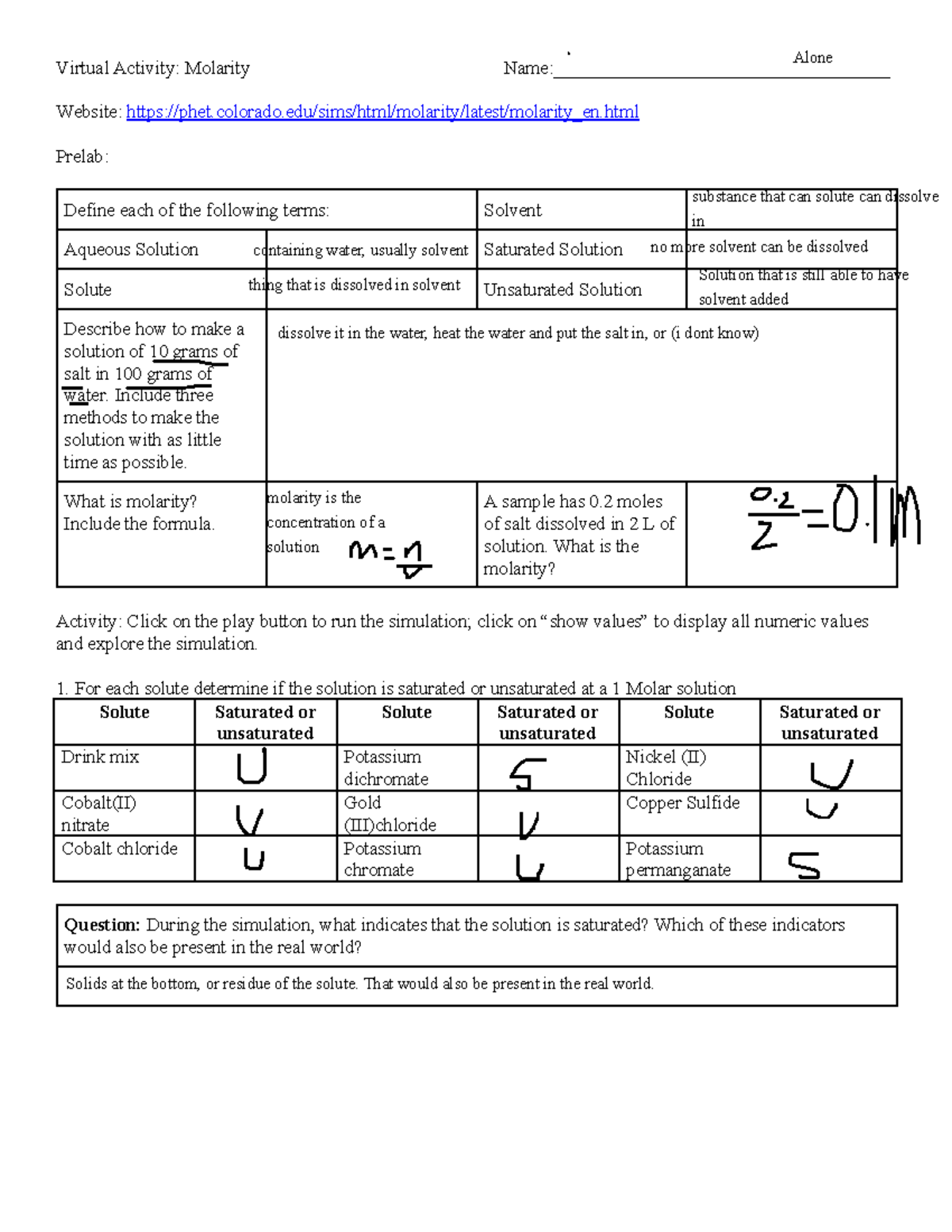 Molarity simulation - Chem DR H - Virtual Activity: Molarity - Studocu