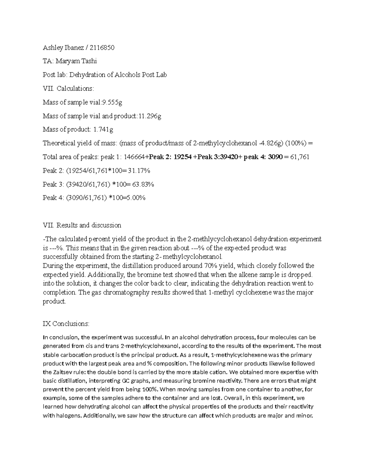 Post lab Dehydration of Alcohols - Calculations: Mass of sample vial:9 ...