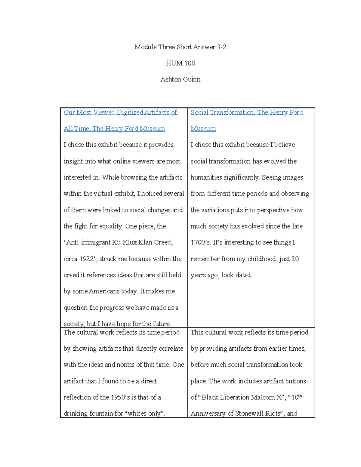 HUM 100 3-2 Assignment - Module Three Short Answer 3- HUM 100 Ashton ...
