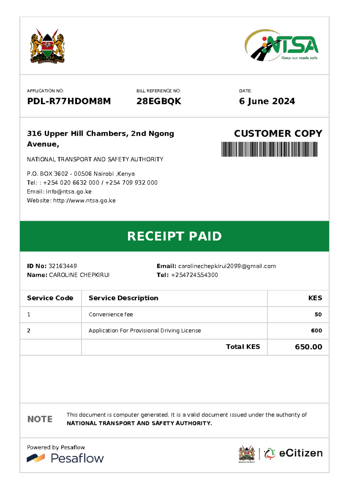 PDL-R77HDOM8M- Receipt - APPLICATION NO: PDL-R77HDOM8M BILL REFERENCE ...