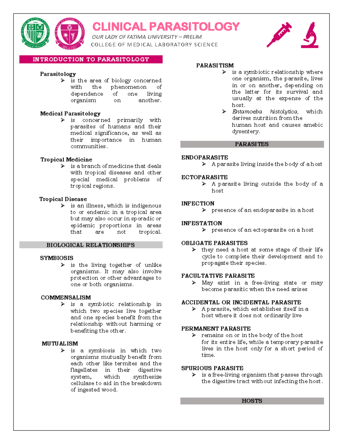 Parasitology Prelim LEC - OUR LADY OF FATIMA UNIVERSITY – PRELIM ...