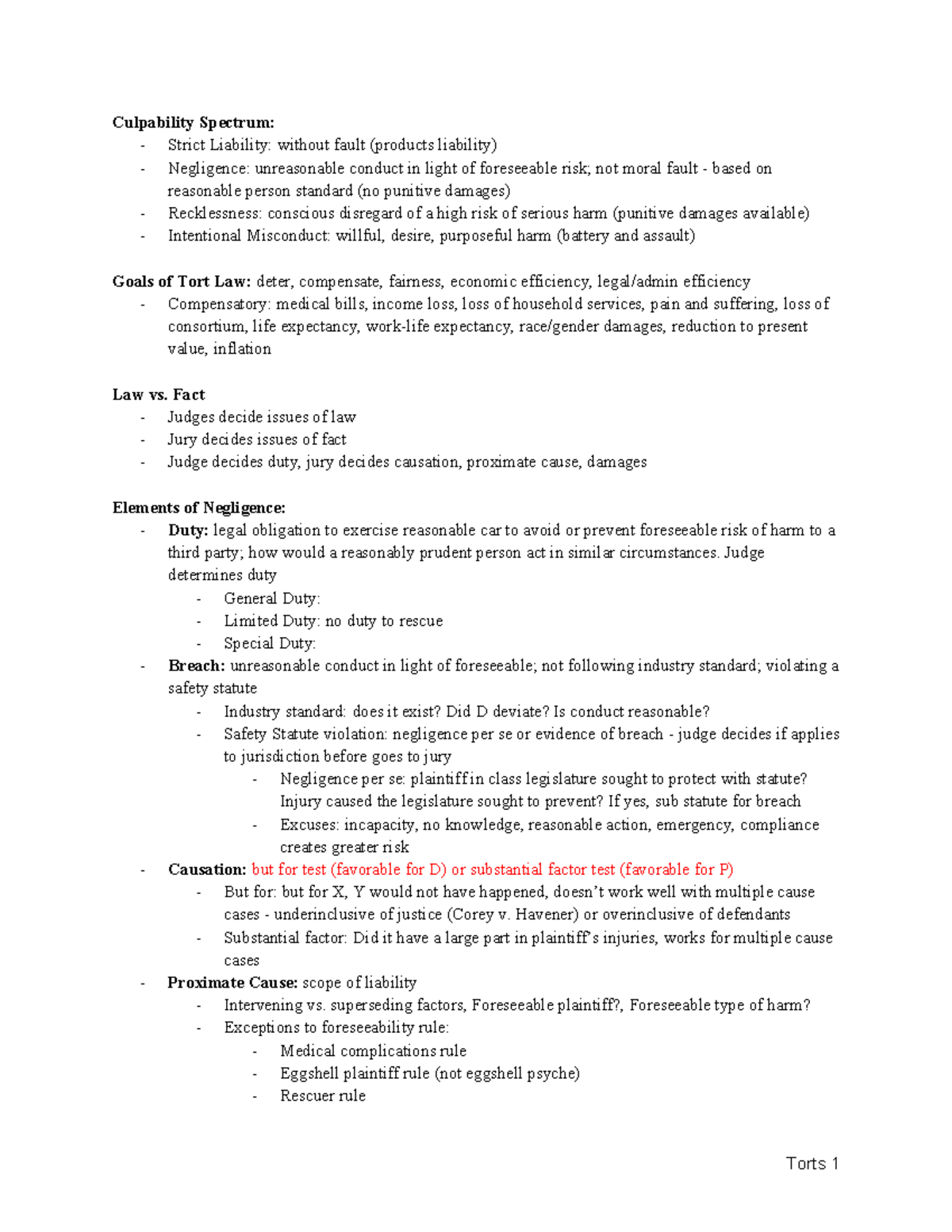 Torts Outline 2 - Culpability Spectrum: - Strict Liability: without ...
