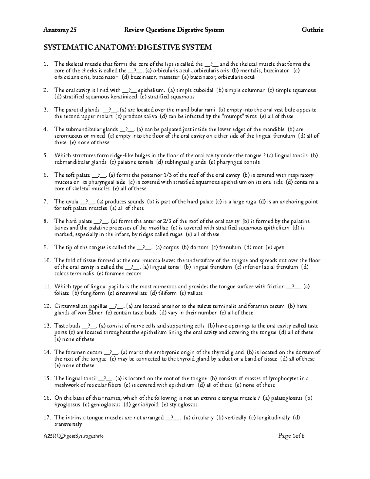 Systematic Anatomy Digestive System - Review Questions - Anatomy 25 ...