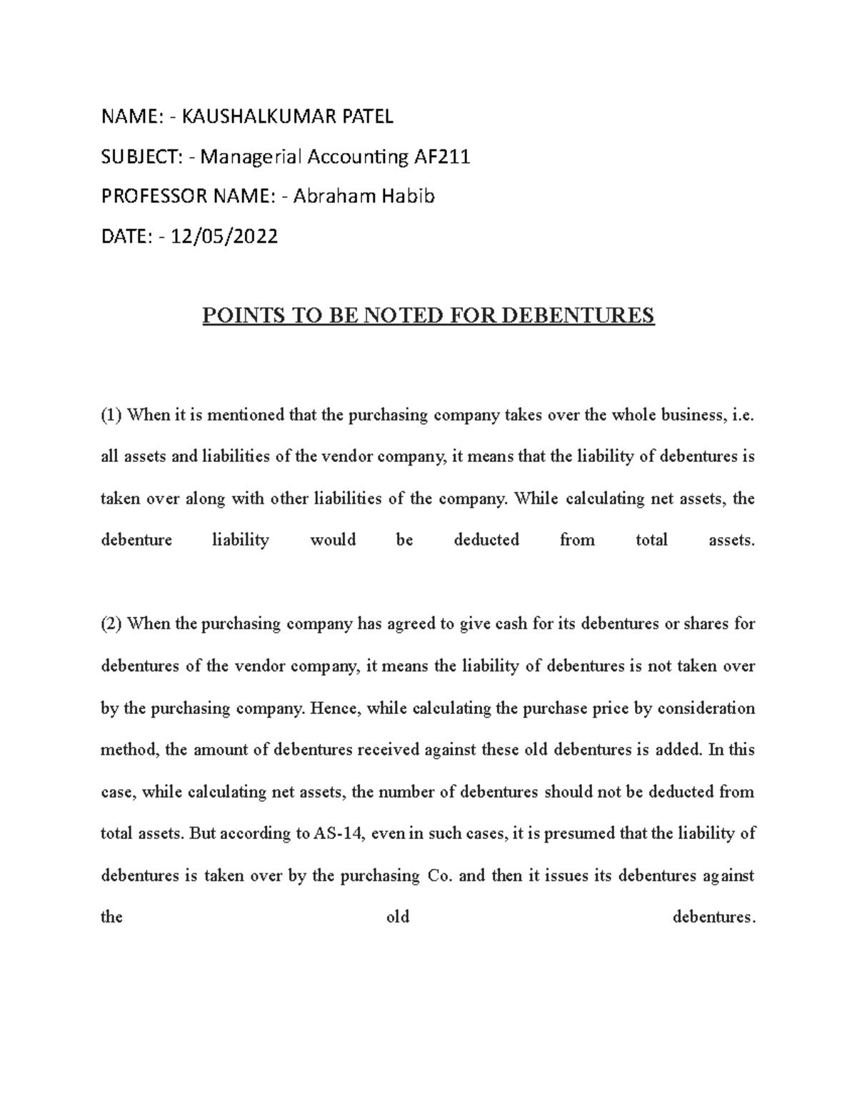 Points TO BE Noted FOR Debentures - NAME: - KAUSHALKUMAR PATEL SUBJECT ...