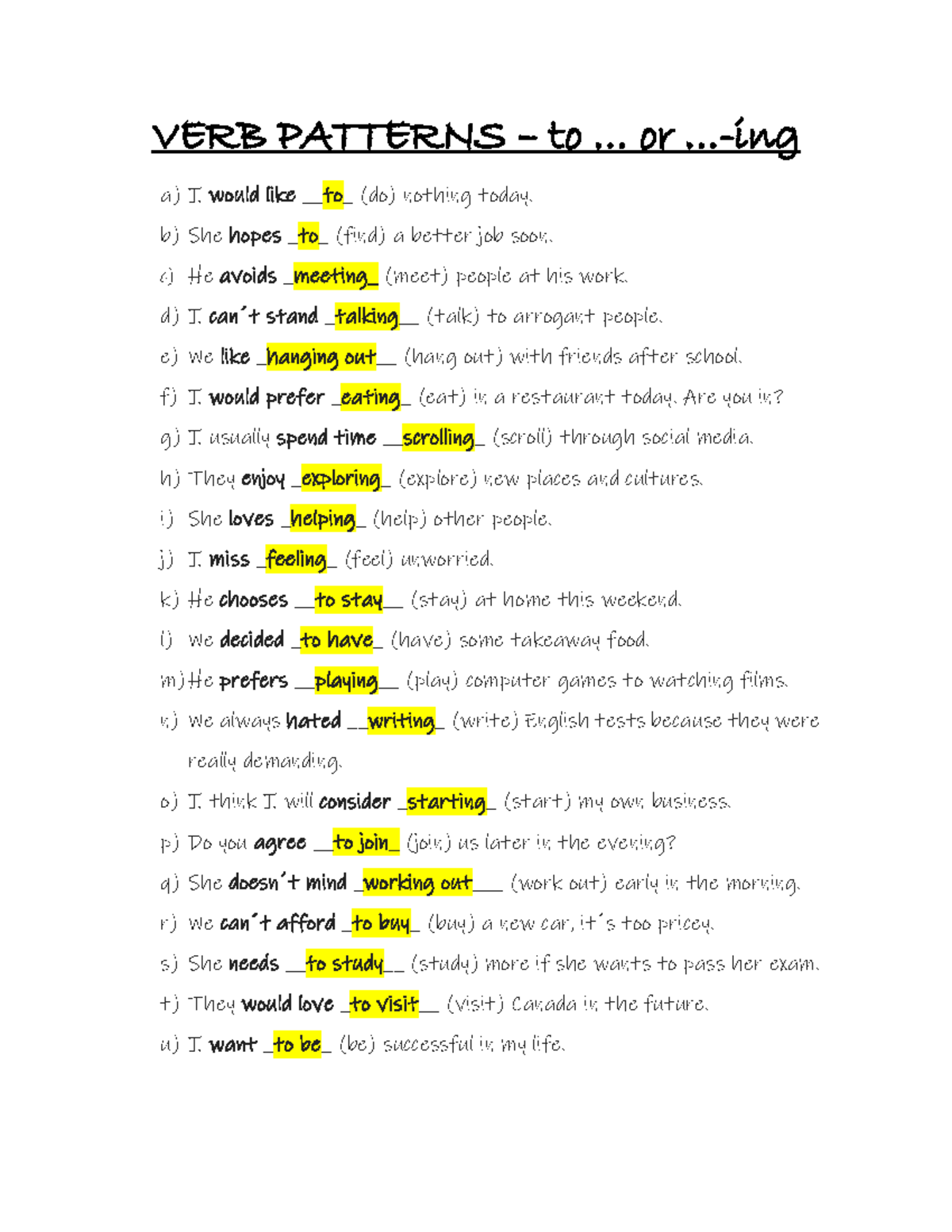 VERB Patterns TO OR ING - Ejercicio practico - VERB PATTERNS – to ...