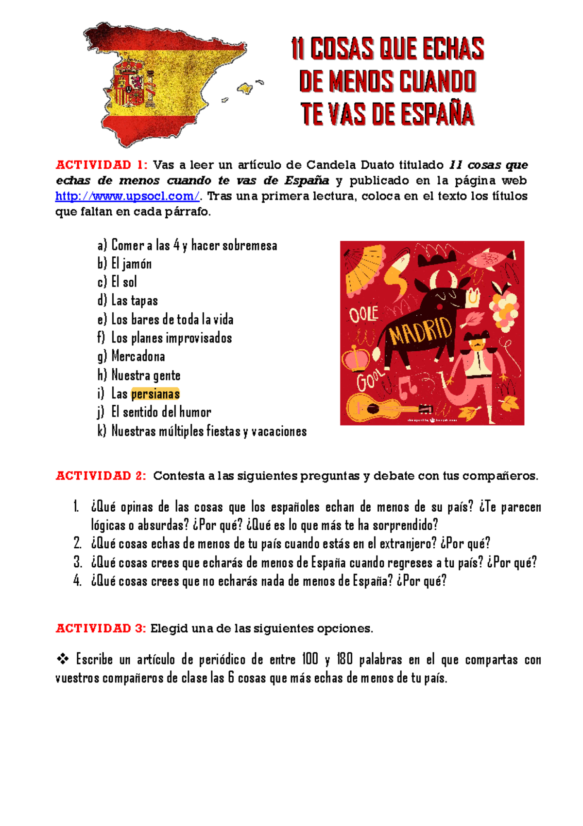 11 Cosas EspañOLES - ACTIVIDAD 1: Vas a leer un artículo de Candela ...